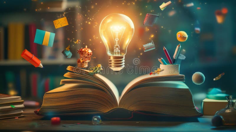 Glowing Light Bulb Above an Open Book with Flying Objects Stock Image ...