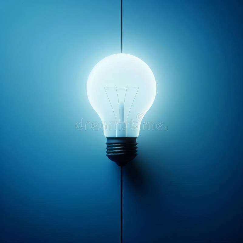 Glowing Light Bulb Against Blue Wall Background Symbolizing Idea ...
