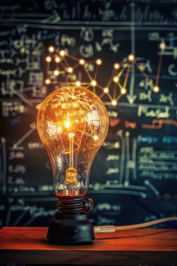 Glowing Light Bulb Against a Chalkboard Filled with Complex ...
