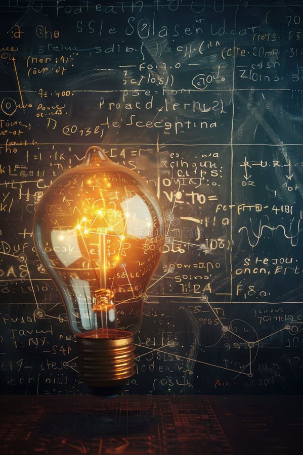 Glowing Light Bulb Against a Chalkboard Filled with Complex ...