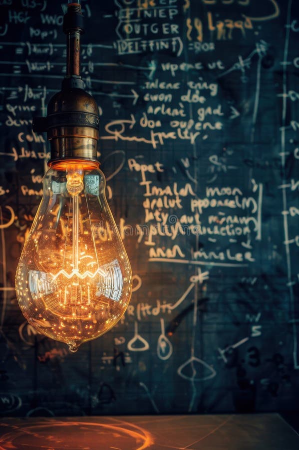 Glowing Light Bulb Against a Chalkboard Filled with Complex ...