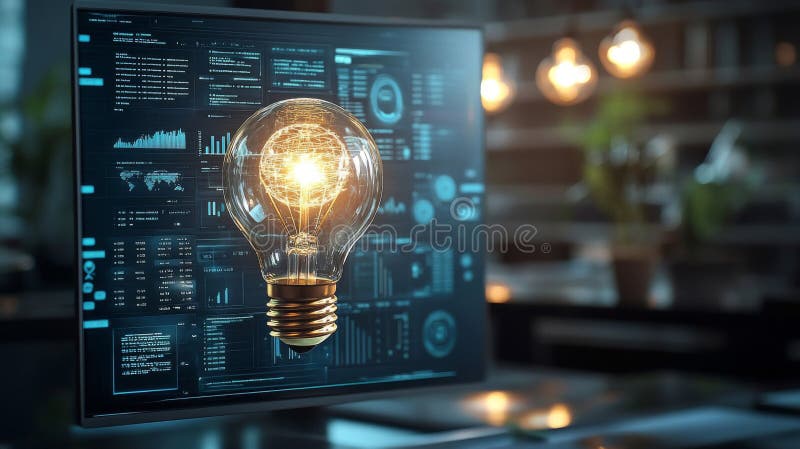 A Glowing Light Bulb Against a Computer Screen with Data Visualizations ... A Glowing Light Bulb Against a Computer Screen with Data Visualizations ...