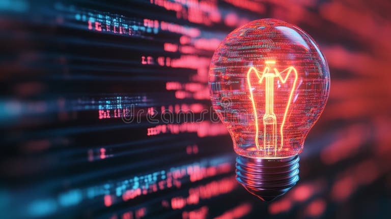 A Glowing Light Bulb Against a Digital Backdrop of Flowing Binary Code ...