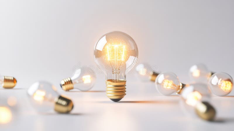 Glowing Light Bulb Amidst Unlit Bulbs on a Reflective Surface Concept ...