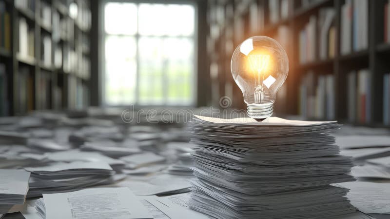 A Glowing Light Bulb Atop a Stack of Papers in a Library Stock Photo ...