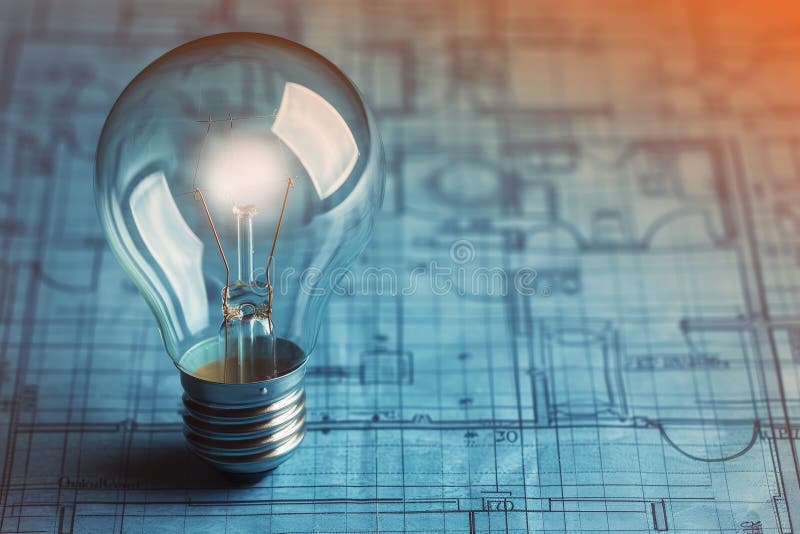 Glowing Light Bulb on Blueprint Background Symbol of Inspiration ...