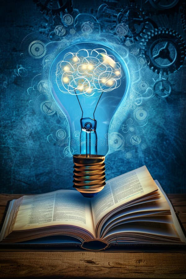 Glowing Light Bulb with Brain Inside on Open Book, Concept of Knowledge ...