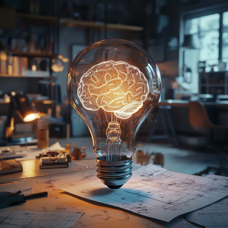 Glowing Light Bulb with Brain Patterns Inside, Surrounded by Drawings ...