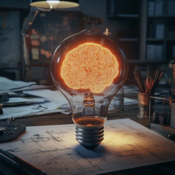 Glowing Light Bulb with Brain Patterns Inside, Surrounded by Drawings ...