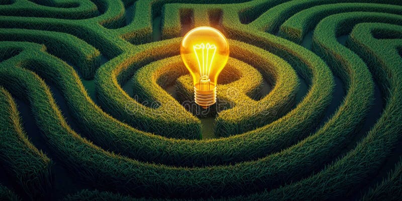 Glowing Light Bulb in the Center of a Green Grass Maze Stock ...