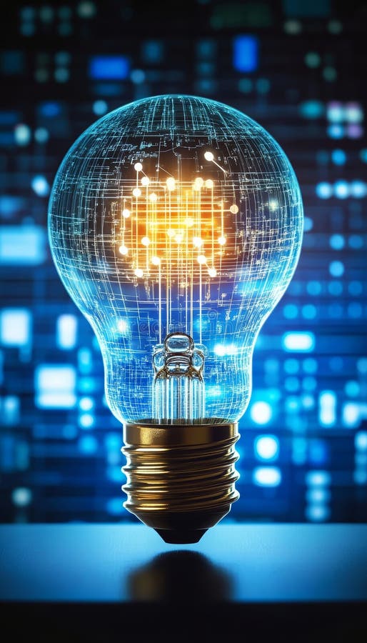 Glowing Light Bulb with Circuit Board on Data Center Background ...