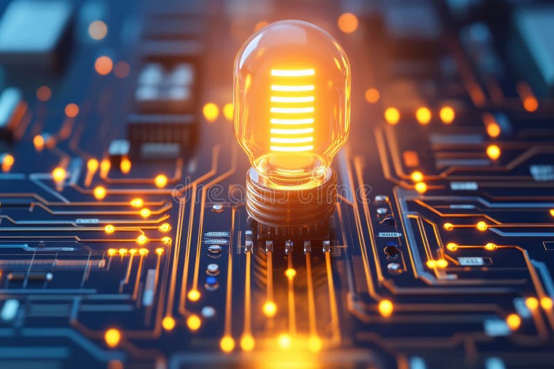 Glowing Light Bulb on Circuit Board, Representing Innovation and ...