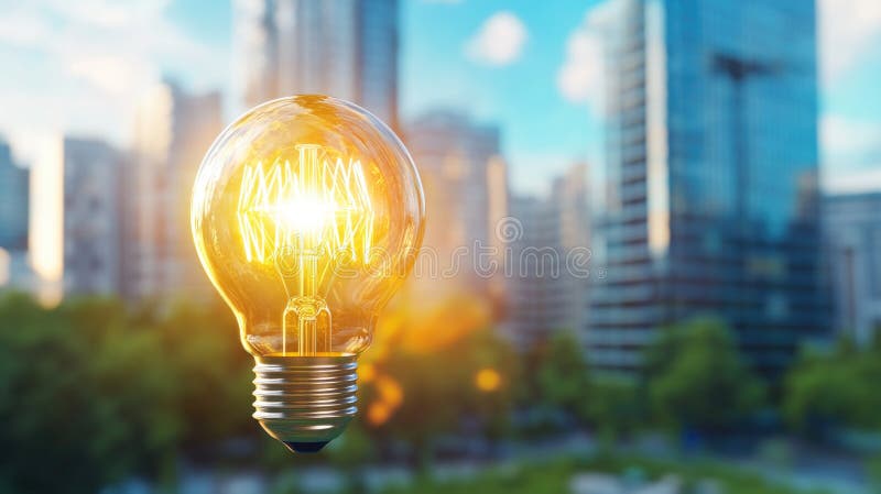 Glowing Light Bulb with Cityscape Background at Sunrise Stock Photo ...