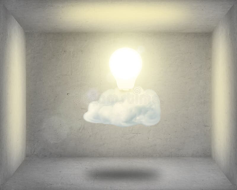 Glowing Light Bulb on a Cloud in the Concrete Interior. Idea Concept ...