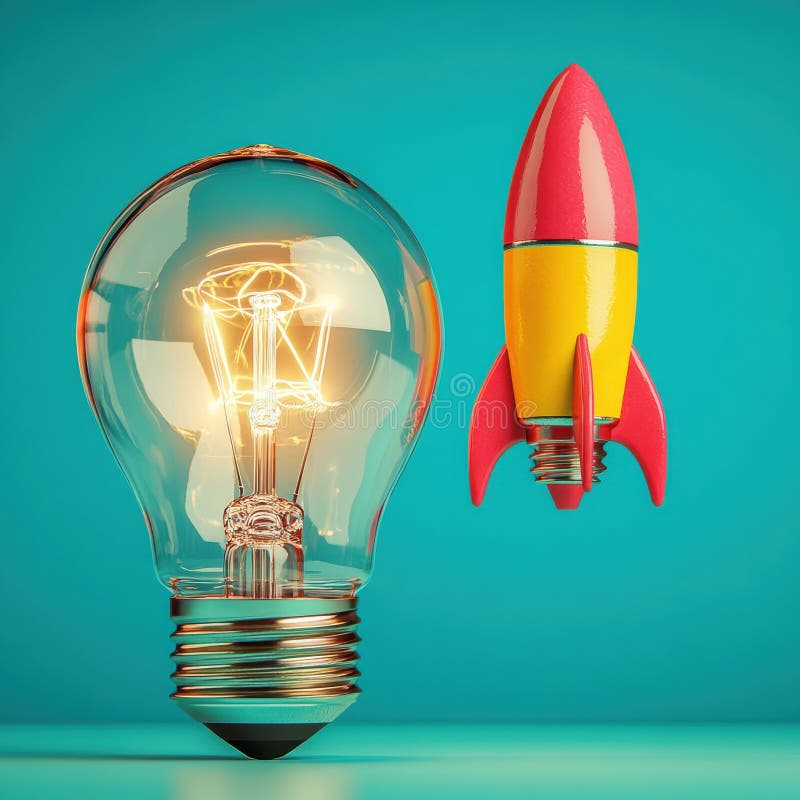 A Glowing Light Bulb beside a Colorful Rocket Symbolizes Creative ...