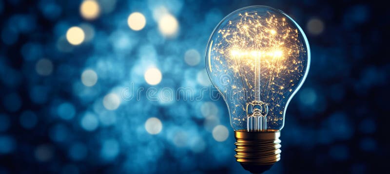 Glowing Light Bulb on a Cool Blue Background with Blurred Circle Lights ...