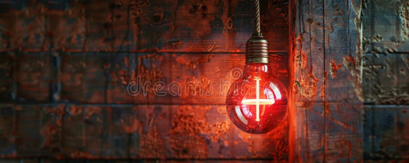 Glowing Light Bulb with a Cross Inside Hanging from Brick Wall Stock ...