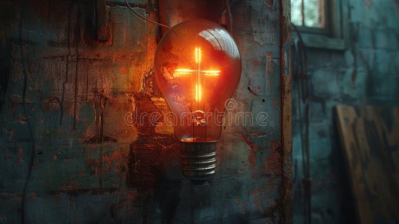 Glowing Light Bulb with Cross Reflection on Textured Wall Stock Image ...