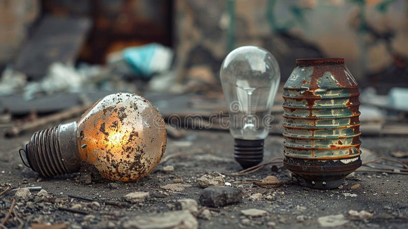 Glowing Light Bulb in a Crumbling Environment Stock Illustration ...