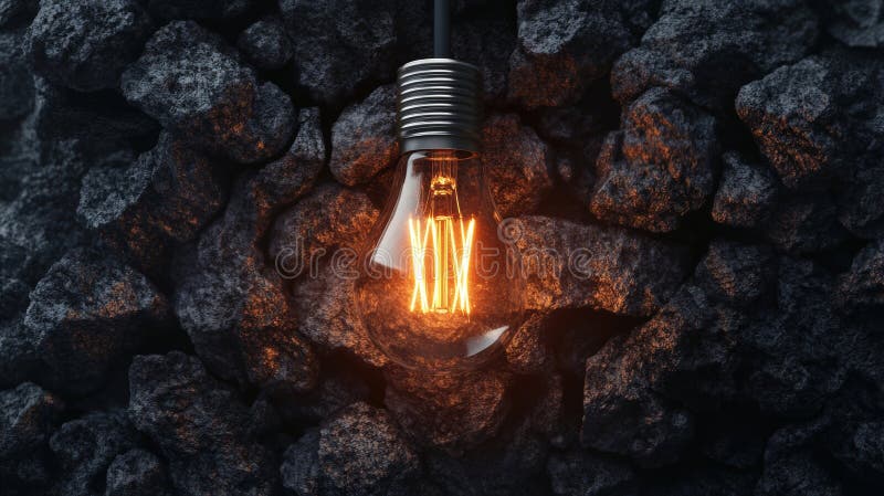 Glowing Light Bulb among Dark Rocks Stock Image - Image of vintage ...