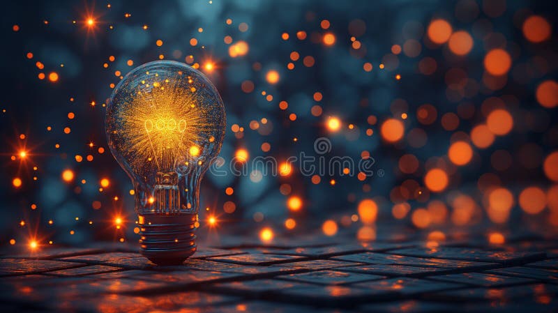 Glowing Light Bulb in the Dark with Sparkle Lights. Business Idea Bulb ...