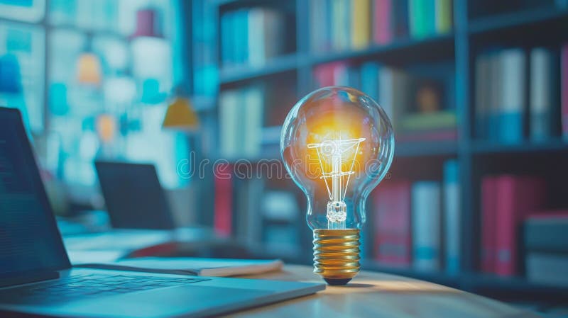 Glowing Light Bulb on Desk in Modern Workspace Stock Photo - Image of ...