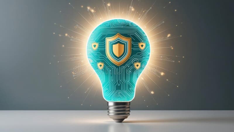 Glowing Light Bulb with a Digital Circuit Design and a Shield Emblem ...