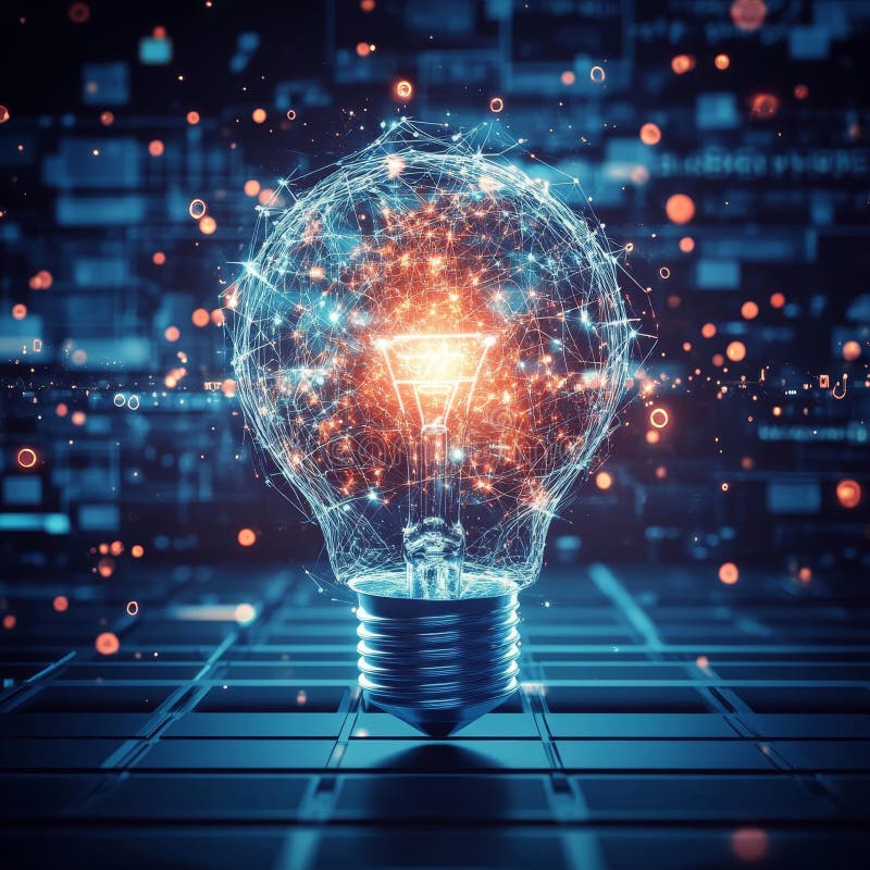 Glowing Light Bulb with Digital Network Connections, Symbolizing ...