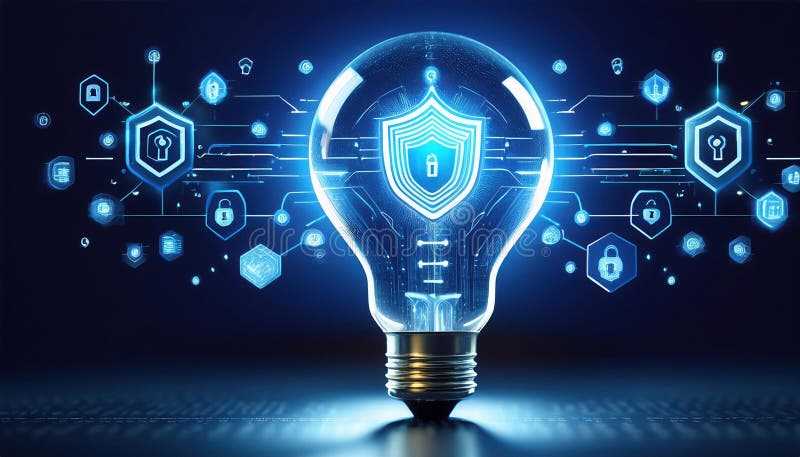 Glowing Light Bulb with Digital Security Icons, Symbolizing Innovation ...