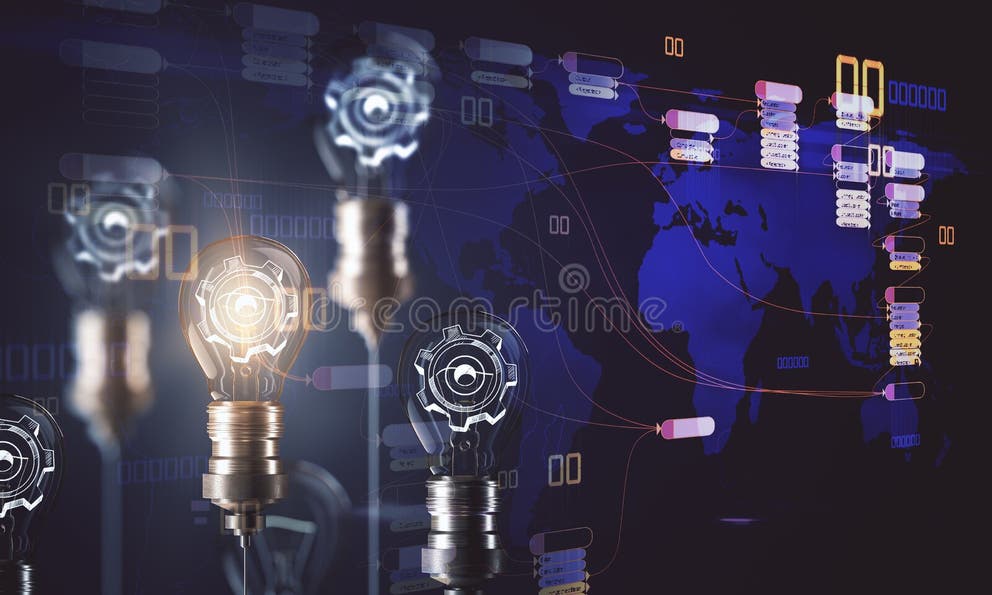 Glowing Light Bulb with Drawing Gears on Creative Programming Backdrop ...