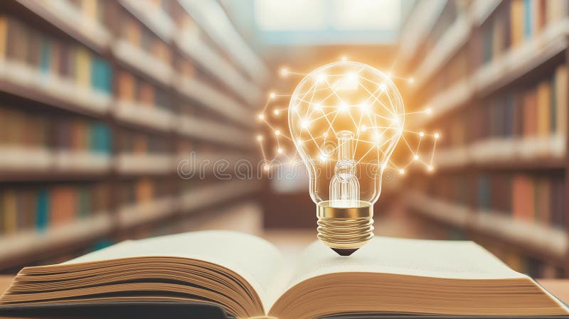 Glowing Light Bulb Effect Illuminates Open Book in Library Symbolizing ...