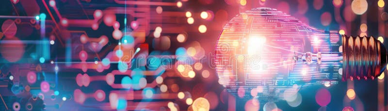 A Glowing Light Bulb Embedded with Digital Circuits and Colorful Bokeh ...