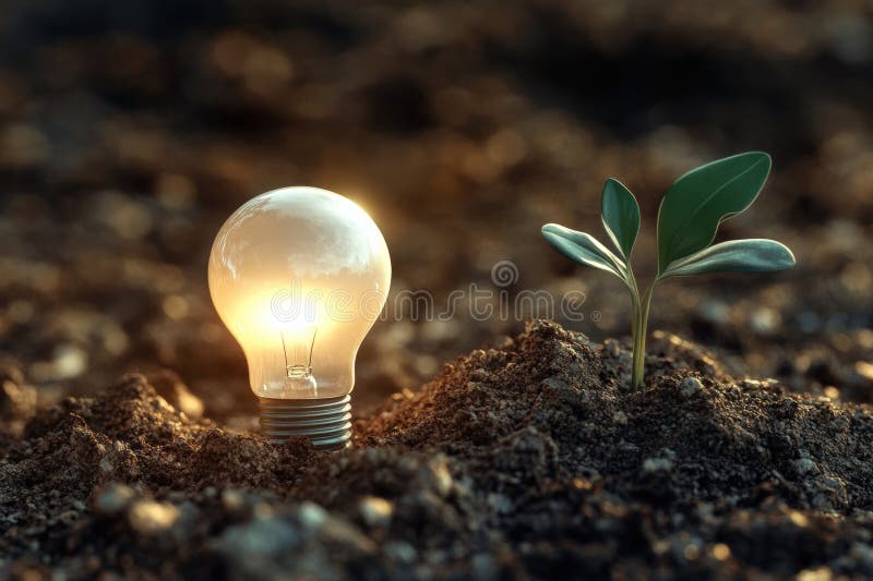 Light Bulb Glowing in Soil Next To a Small Green Plant Symbolizing ...