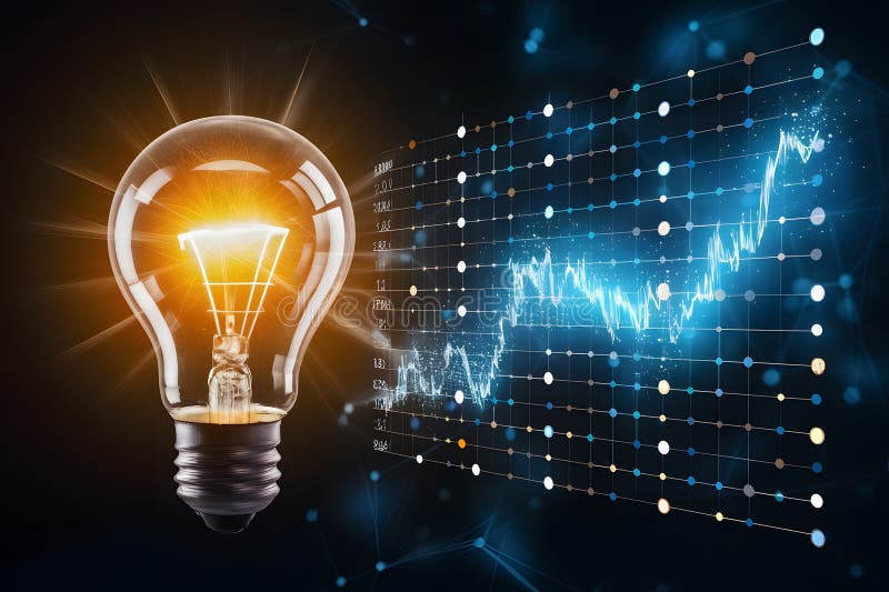 Glowing Light Bulb Emits Yellow Light Digital Chart Shows Data Trends ...