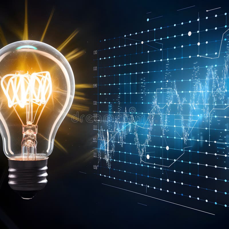 Glowing Light Bulb Emits Yellow Light Digital Chart Shows Data Trends ...
