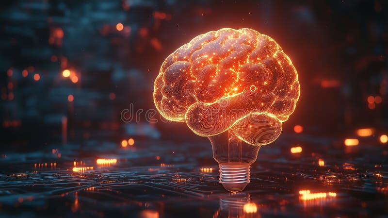 Glowing Light Bulb Encasing an Abstract AI Brain, with Neon Light ...