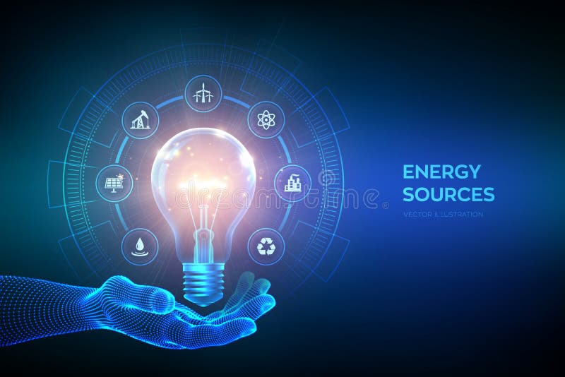 Glowing Light Bulb with Energy Resources Icons in Hand. Electricity and ...