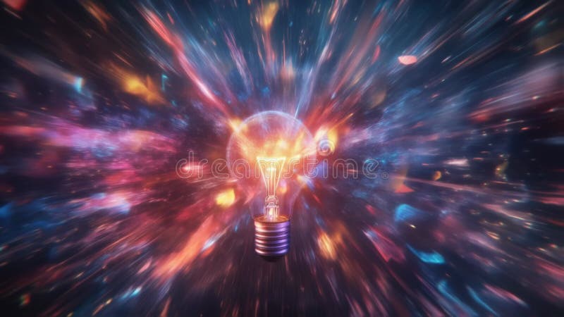 Light Bulb Exploding with Colorful Particles and Light Rays Stock ...