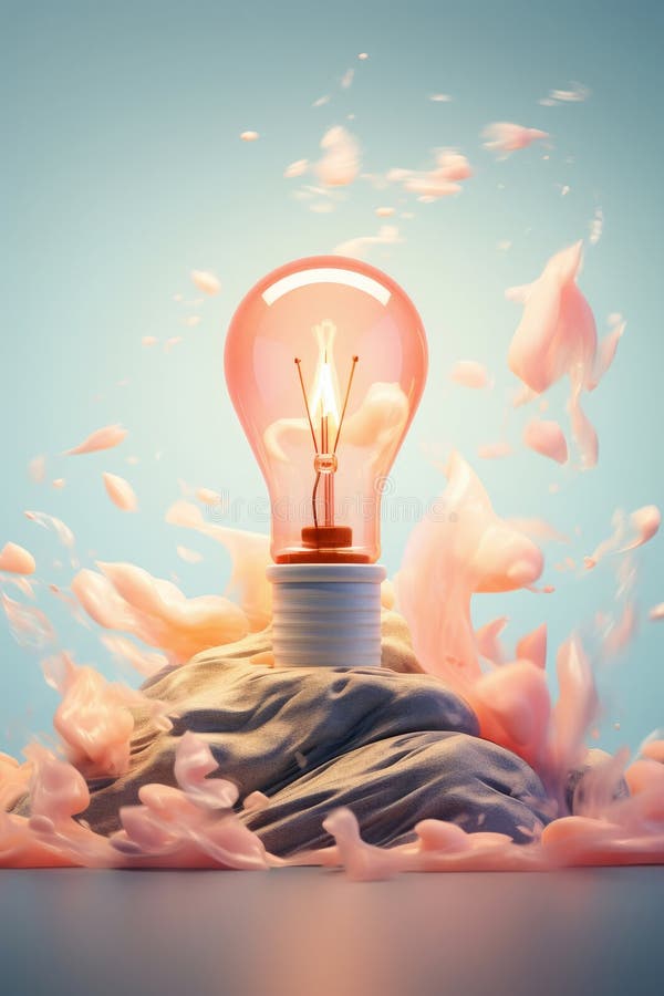 Glowing Light Bulb on Fabric Base with Dynamic Pink Splashes on a Blue ...