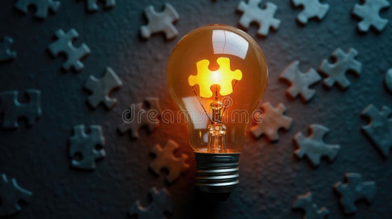 A Glowing Light Bulb Features a Puzzle Piece Inside, Symbolizing Ideas ...