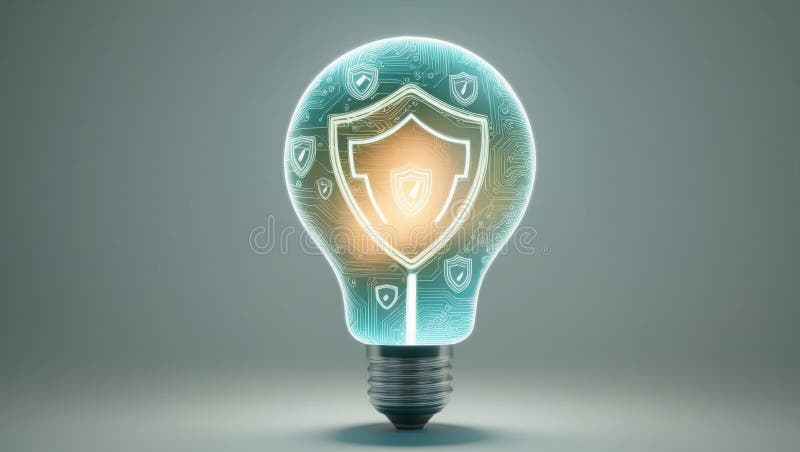 Glowing Light Bulb Features a Shield Design, Symbolizing Security and ...