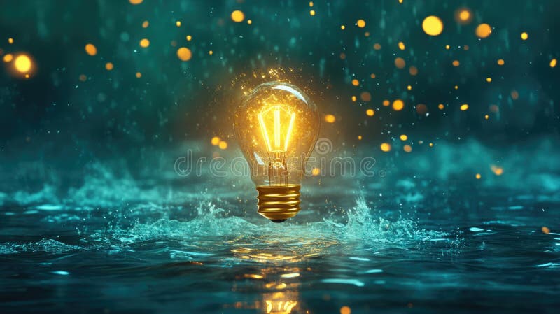 Glowing Light Bulb Floating Above Water with Sparkling Bokeh Effects ...