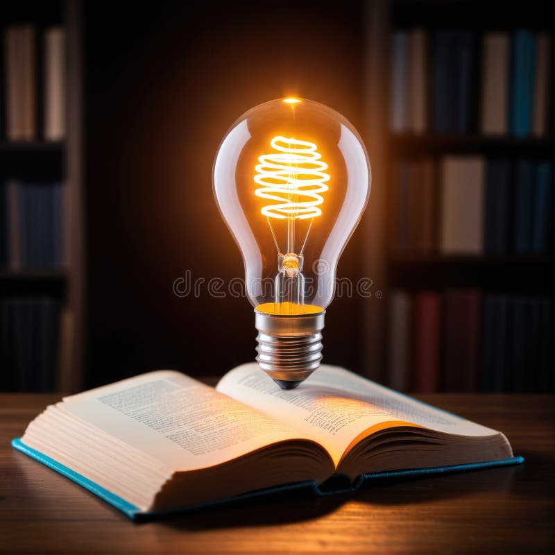 A Glowing Light Bulb Floats Above an Open Book in a Dimly Lit Library ...