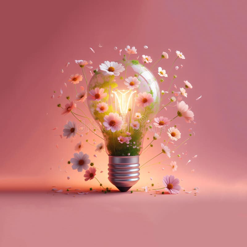 Glowing Light Bulb with Flowers on a Pink Background. Creative Concept ...