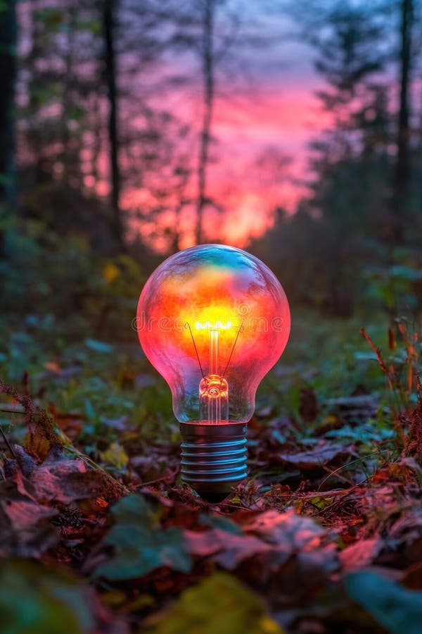 Glowing Light Bulb in Forest at Sunset with Vibrant Colors Stock Photo ...