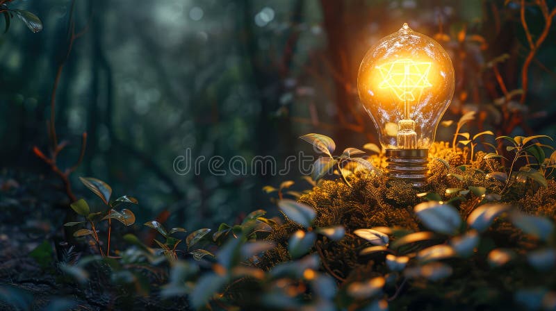 Glowing Light Bulb in a Forest. Sustainable Development and Responsible ...