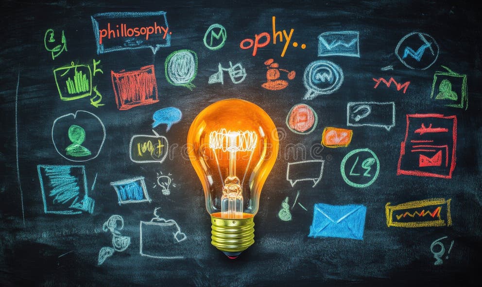 A Glowing Light Bulb in Front of a Blackboard with Drawings Stock Image ...