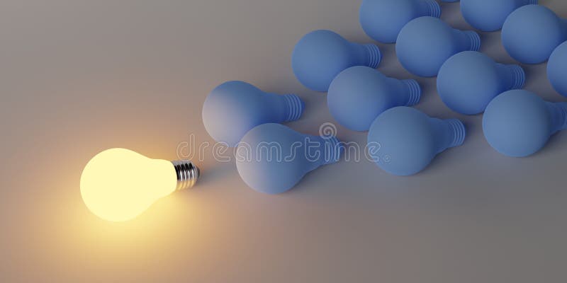 Glowing Light Bulb in Front of Group of Light Bulbs, Leader or ...