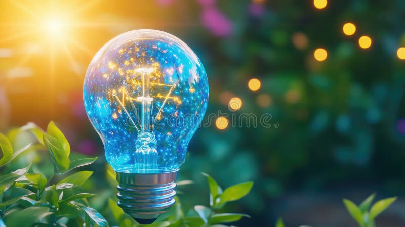 Glowing Light Bulb in Garden Setting with Sunlight and Foliage Stock ...