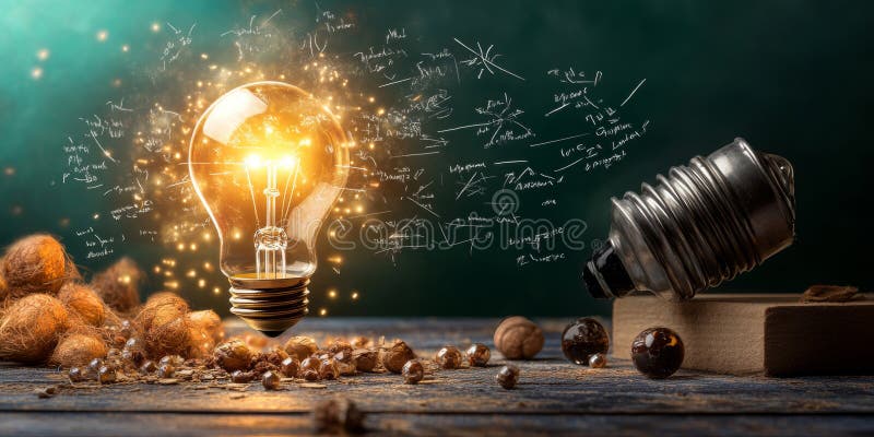Glowing Light Bulb Generating Innovative Ideas with Physics Drawings on ...